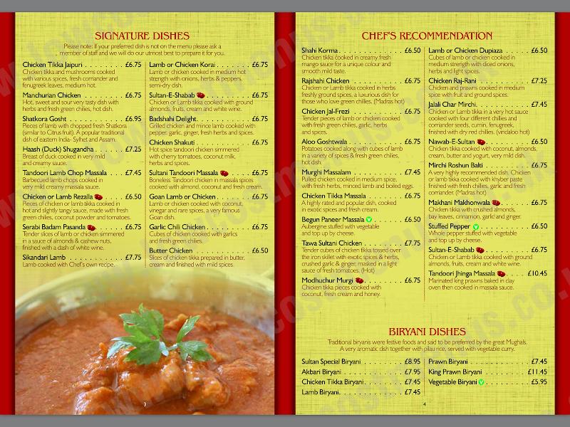 Menu at The Sultan restaurant, Llanelli