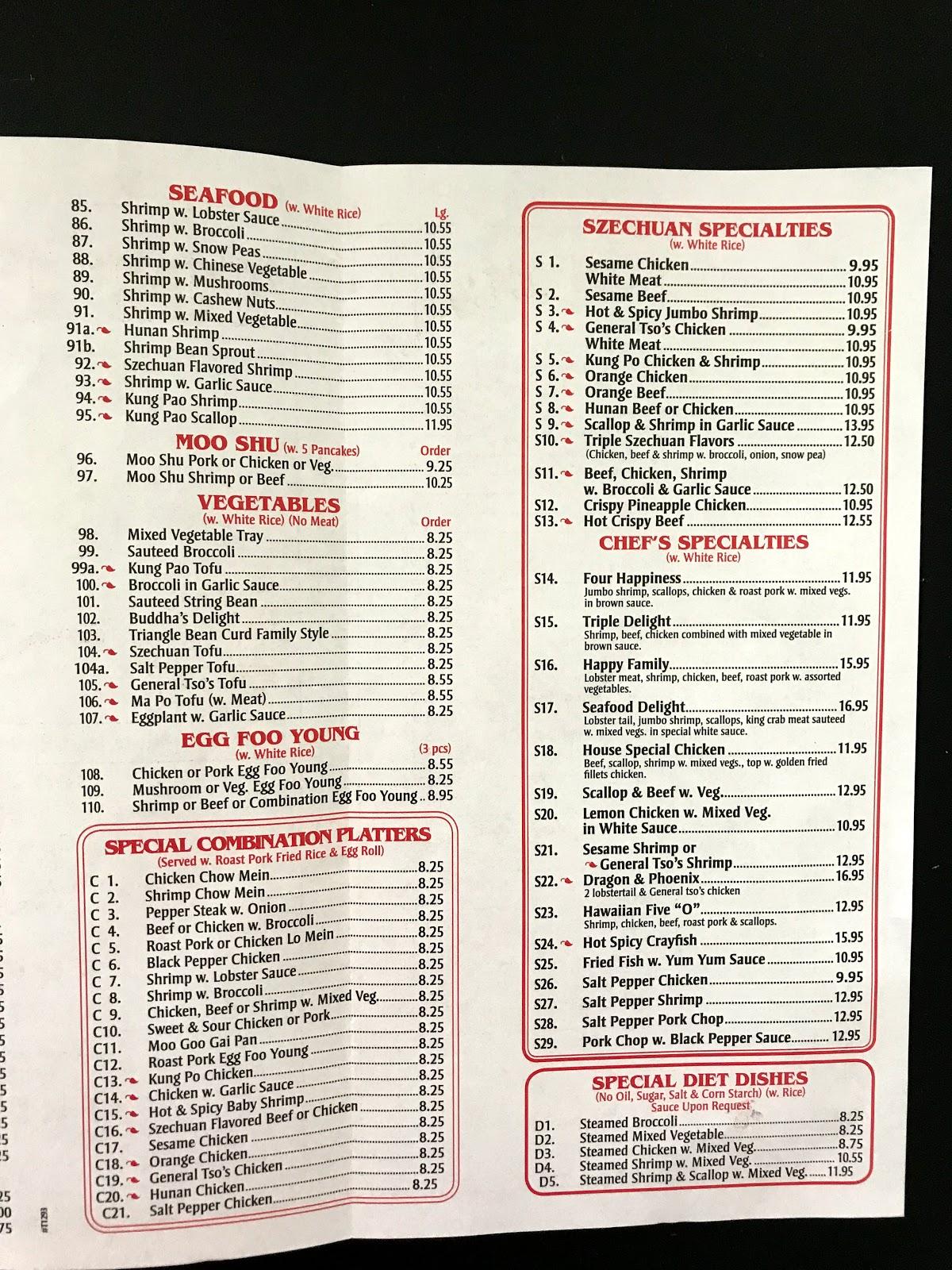 Menu at Top China restaurant, Hagerstown