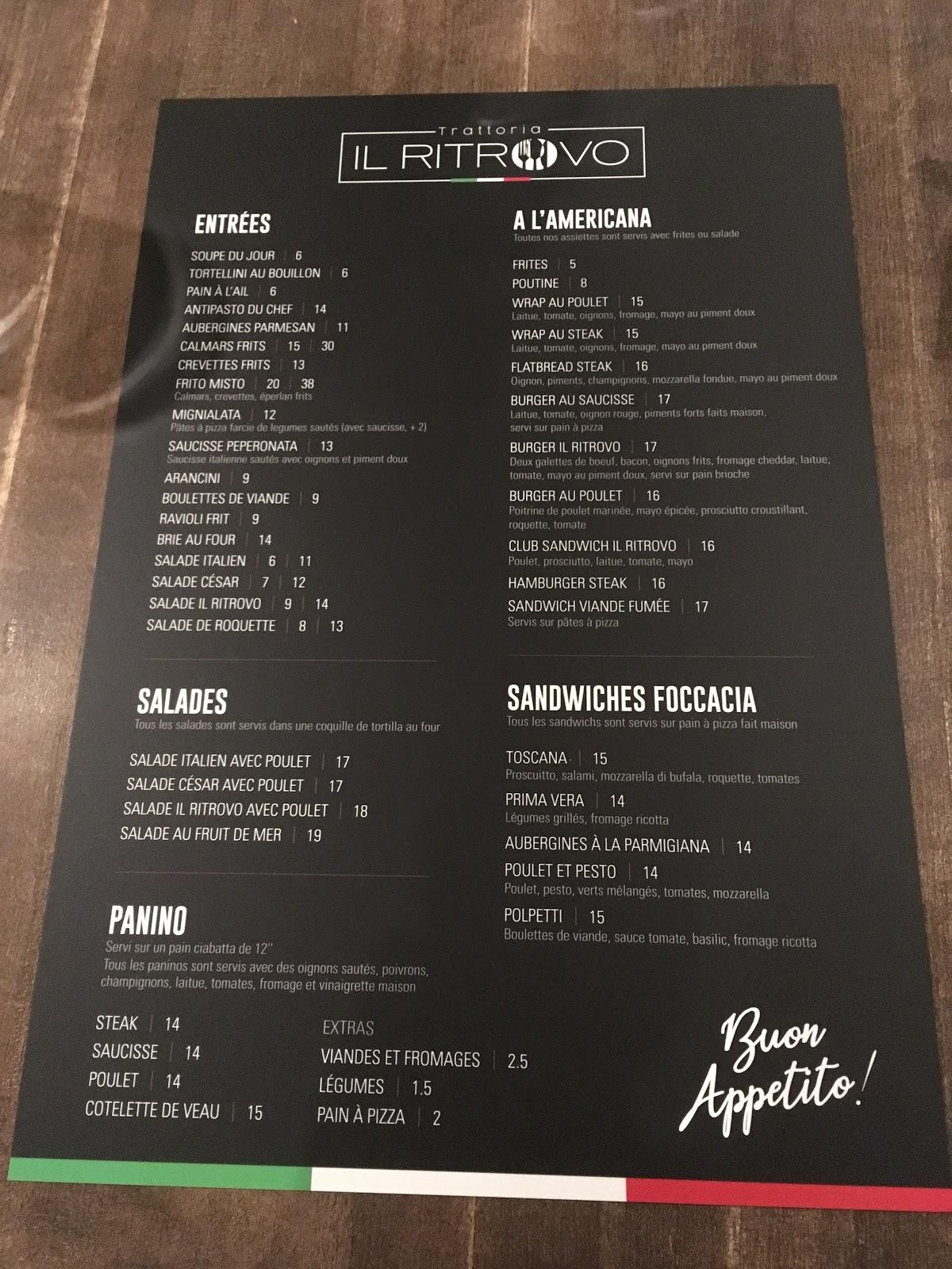 Menu at Trattoria Il Ritrovo restaurant, Montréal