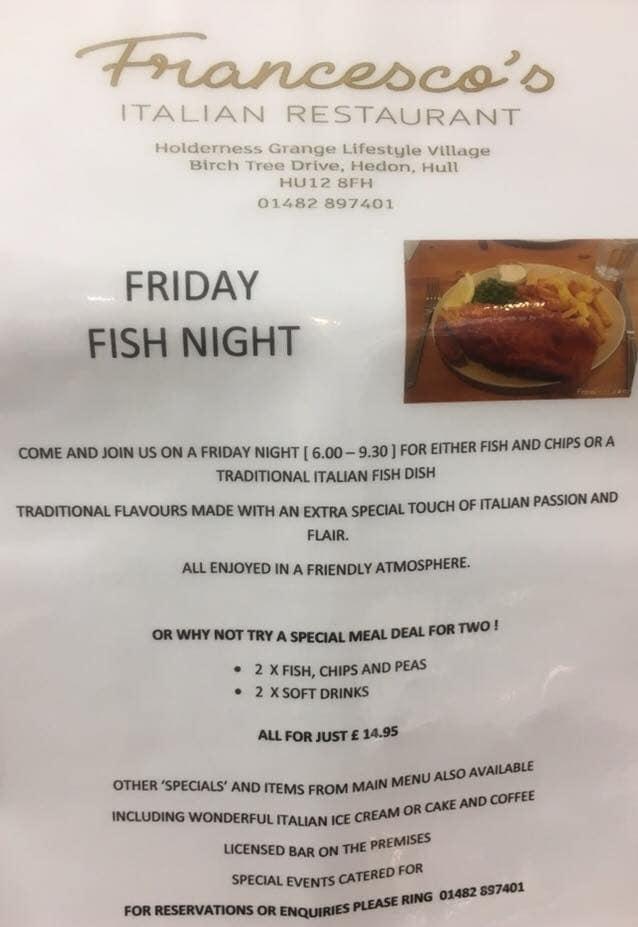 Menu at Francesco's restaurant, Hull