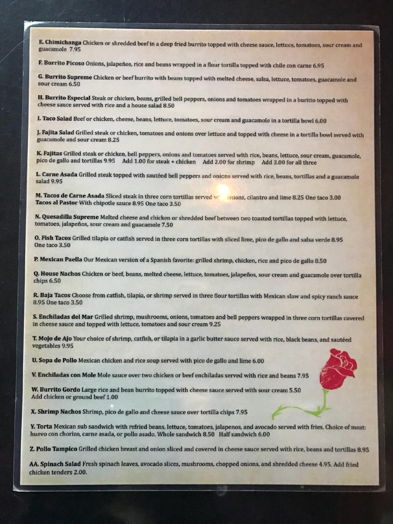 Menu at La Zona Rosa restaurant, Montgomery