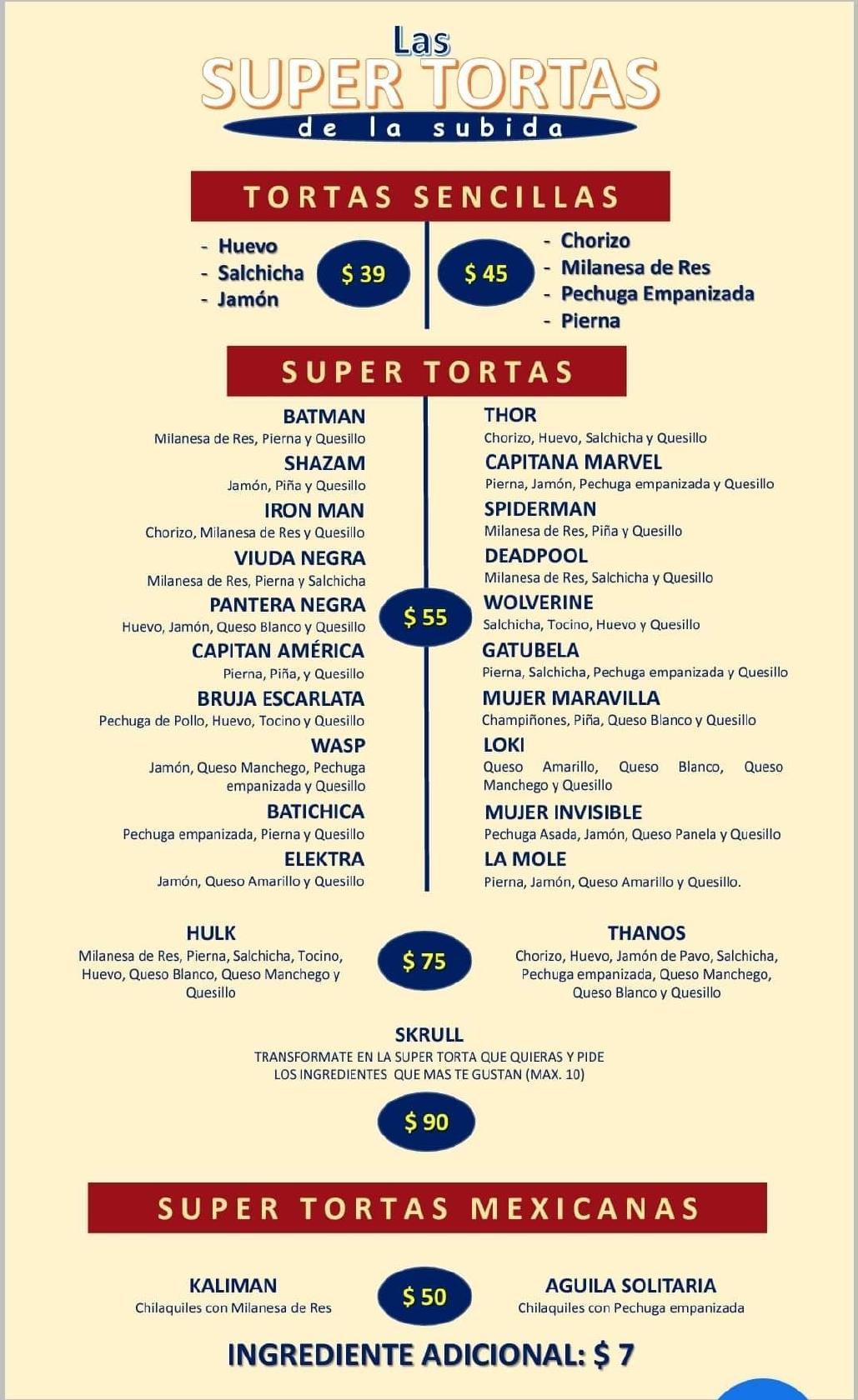 Carta del restaurante Las Super Tortas del la Subida, Ciudad López Mateos