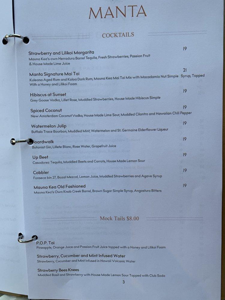Menu at Manta Restaurant, Puako, Mauna Kea Beach Hotel