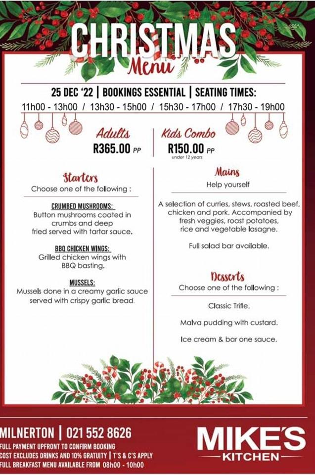 Menu at Mike's Kitchen restaurant, Cape Town, Centre Court