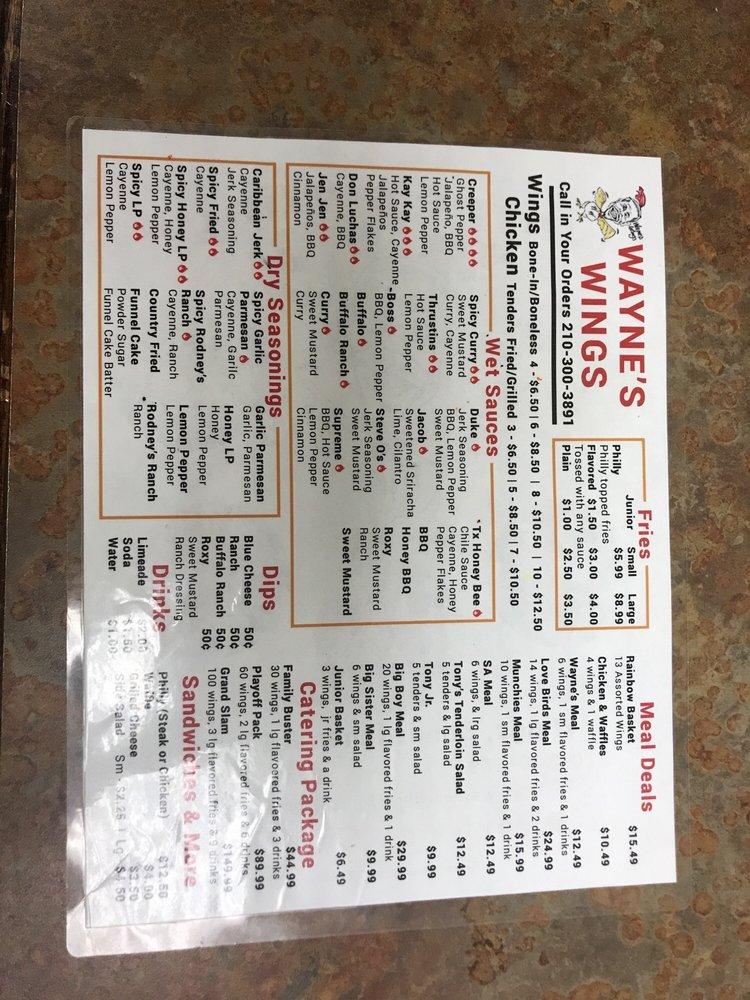 Menu at Wayne's Wings restaurant, San Antonio, Walzem Rd