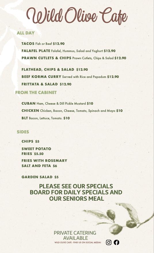 Menu at Wild Olive Cafe, Coraki