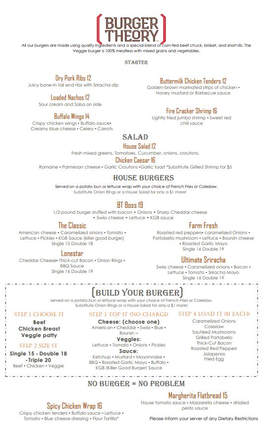 Menu at Burger Theory restaurant, Calgary