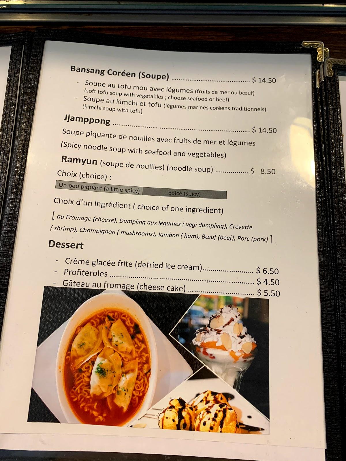 Menu au Kimbob Cafe, Dorval