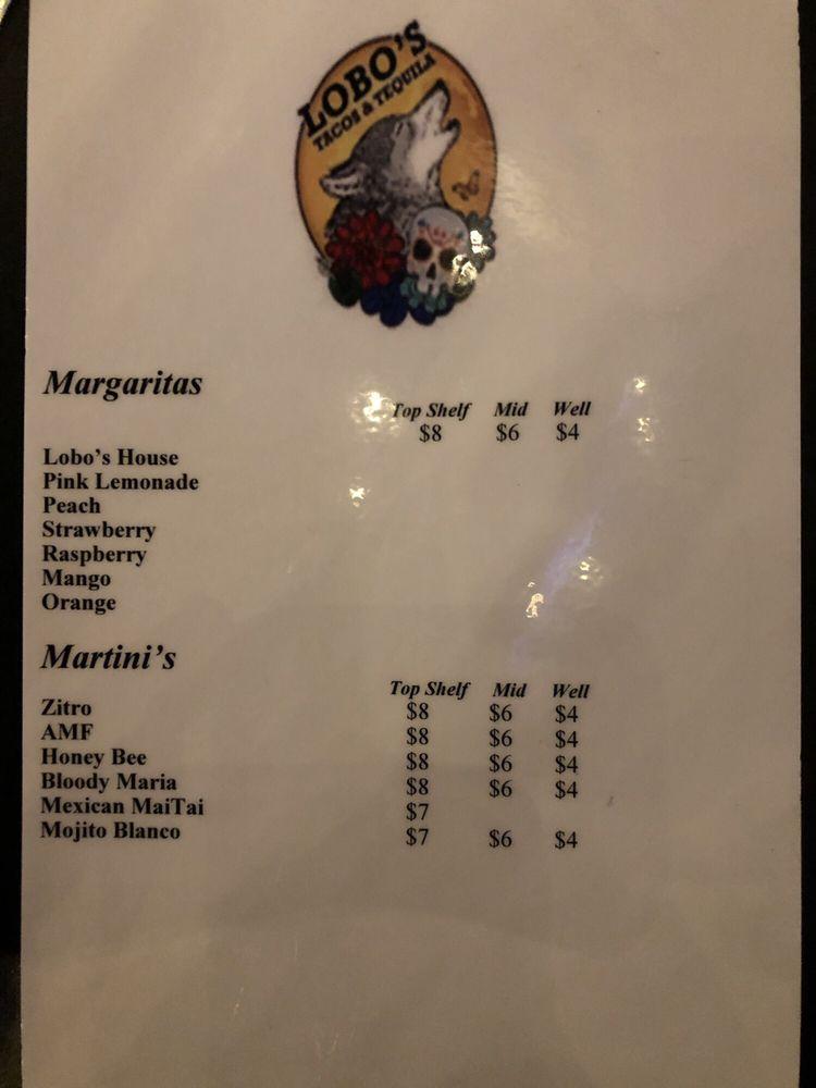 Menu at Lobo's Tacos & Tequila pub & bar, Pueblo