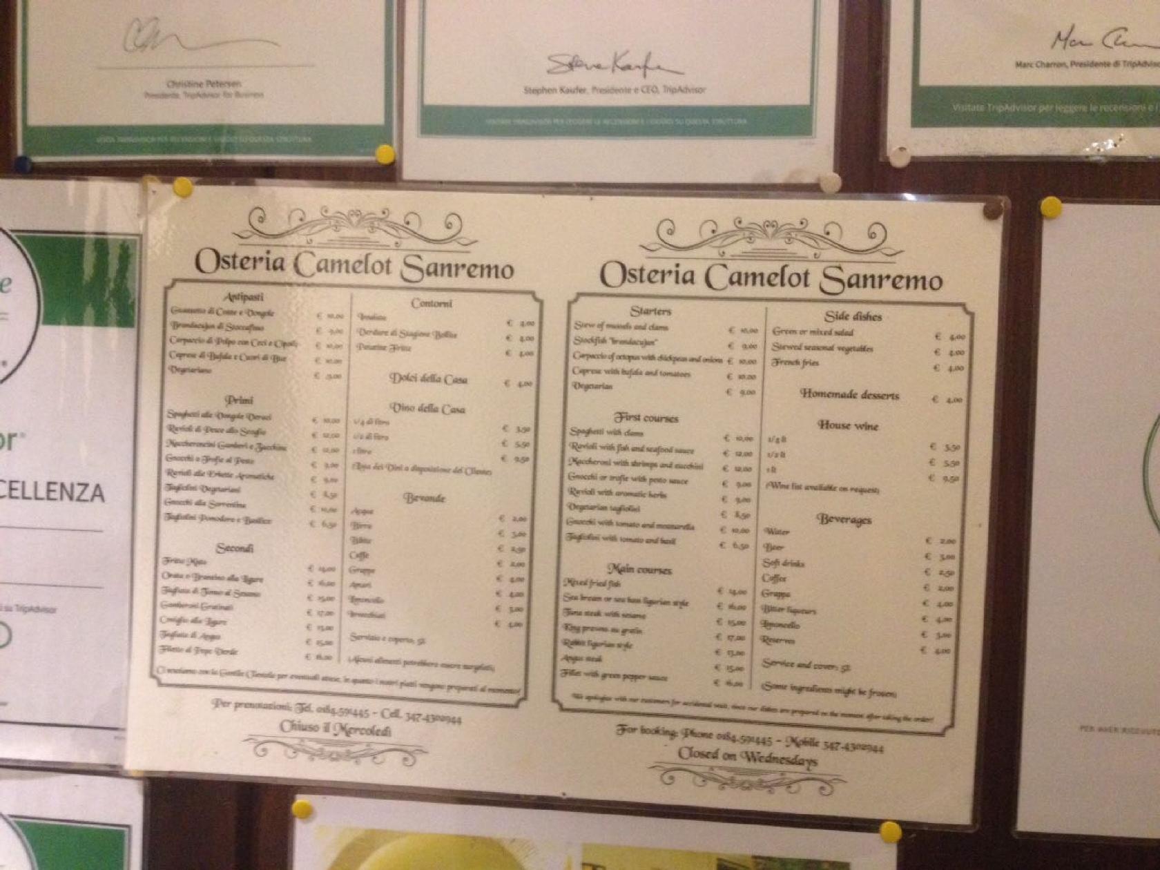 Menu da Osteria Camelot Sanremo ristorante, Sanremo