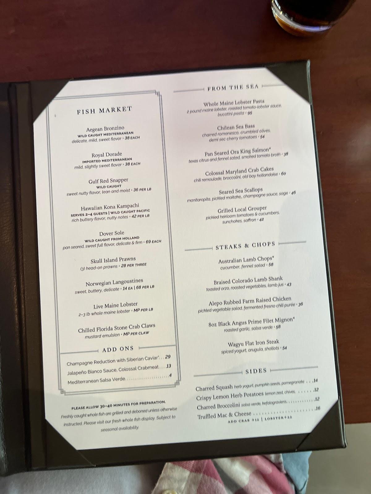 Menu at Ouzo Bay restaurant, Houston