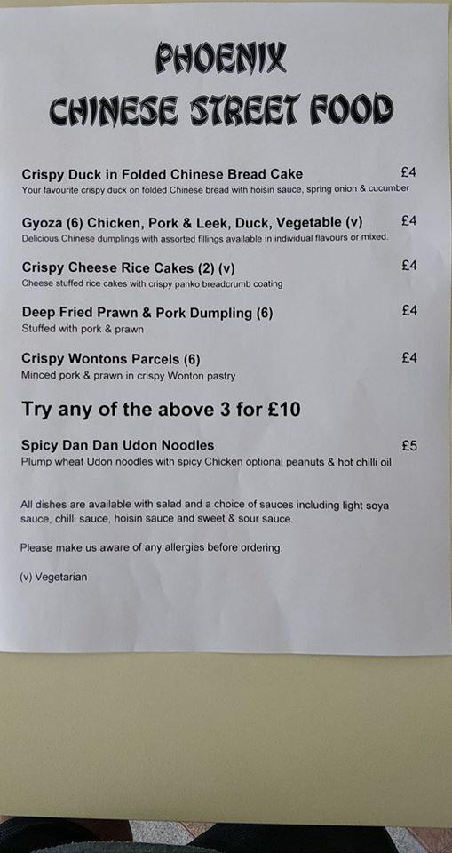 Carta de comida rápida Phoenix Chinese Takeaway, Whaley Bridge