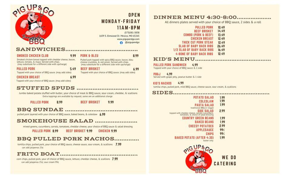 Menu at Pig Up & Go BBQ, Mexico, S Elmwood Dr