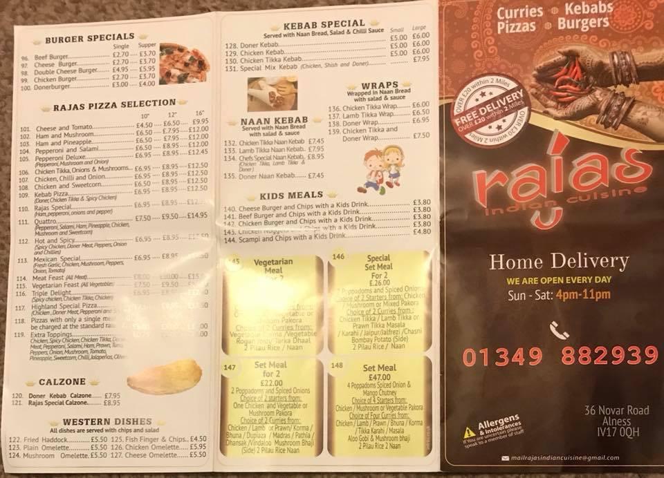 Menu at Raja's Indian Cuisine pizzeria, Alness