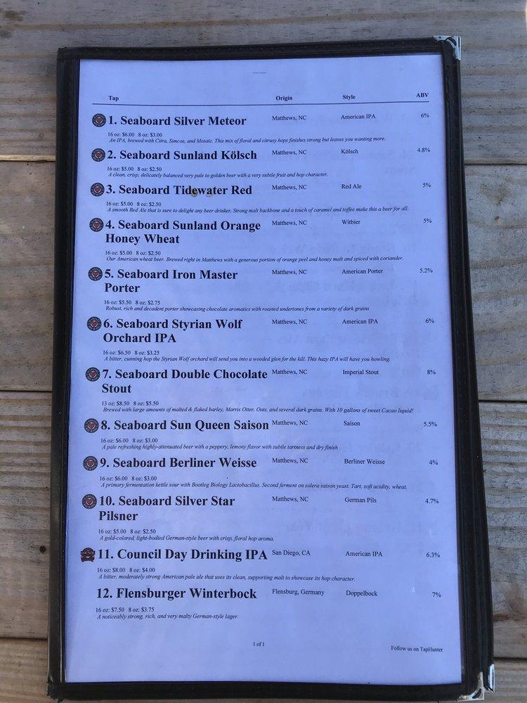 Menu at Seaboard Brewing, Taproom, & Wine Bar, Matthews