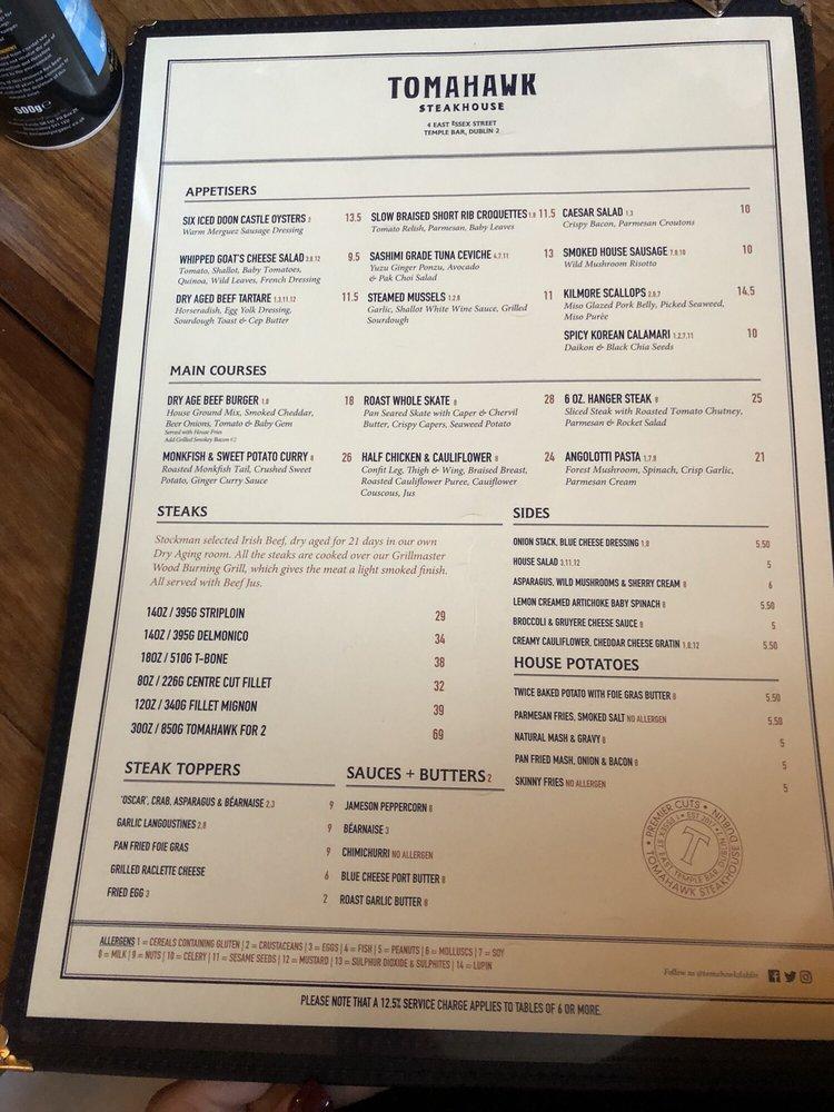 Menu at Tomahawk Steakhouse, Dublin