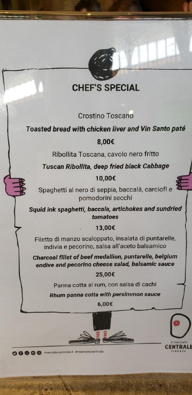 Menu at Tosca restaurant, Florence