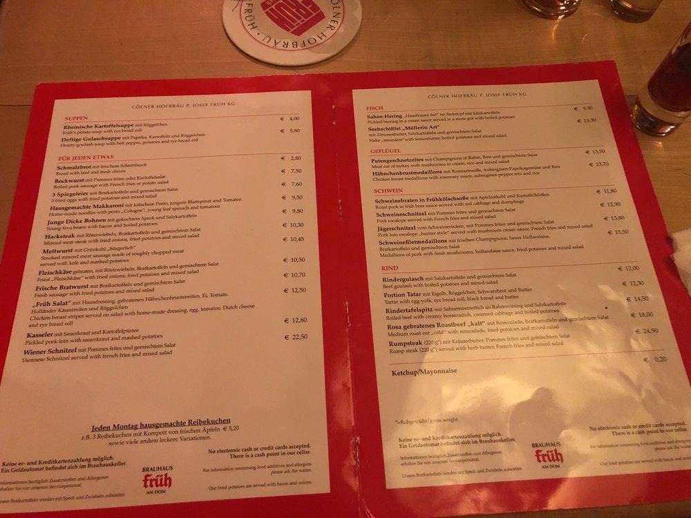Speisekarte von Früh am Dom pub & Bar, Köln, Am Hof 12