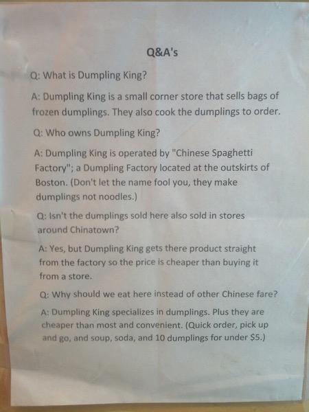 Menu at Dumpling King restaurant, Boston