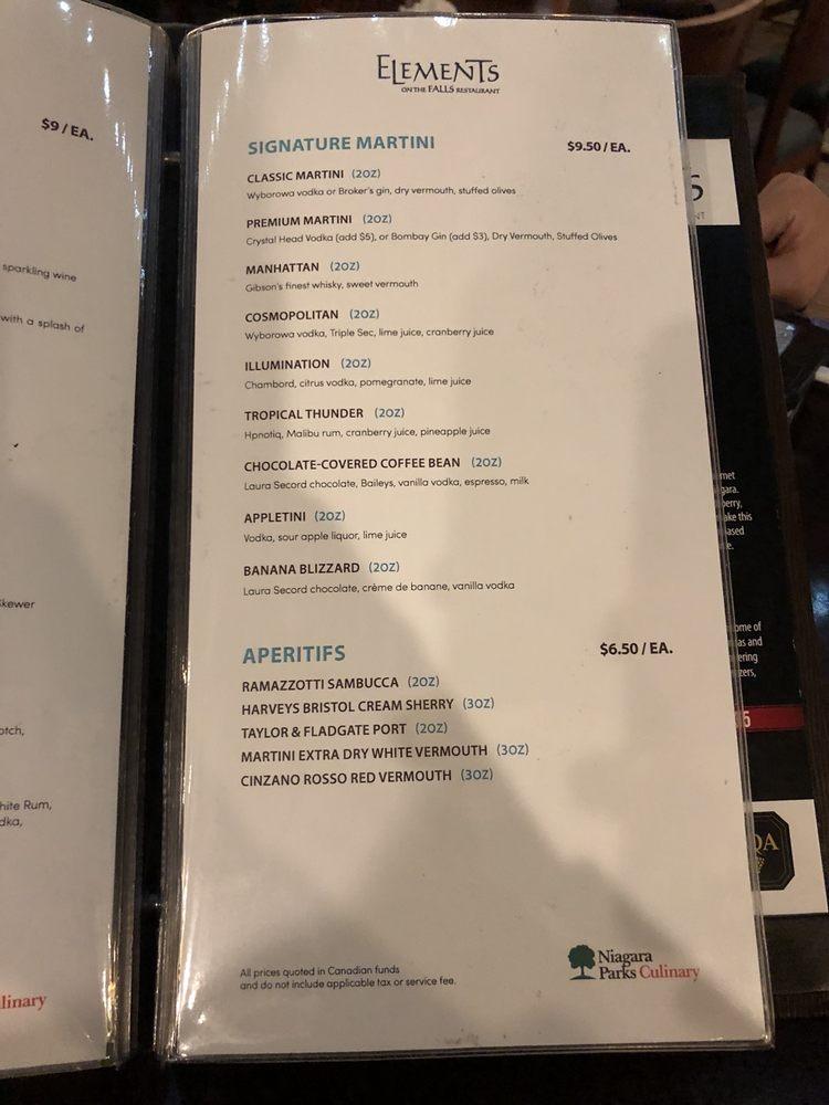 Menu at Elements on the Falls restaurant, Niagara Falls
