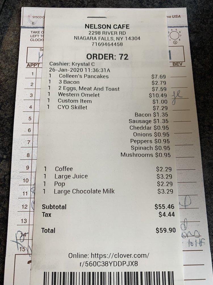 Menu at Nelsons Cafe, Niagara Falls