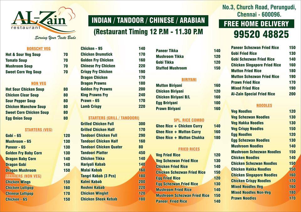 Menu at Al Zain, Chennai