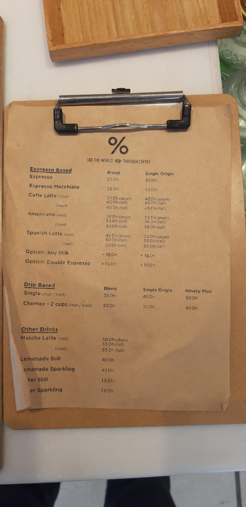 Menu au % Arabica Casablanca café, Casablanca