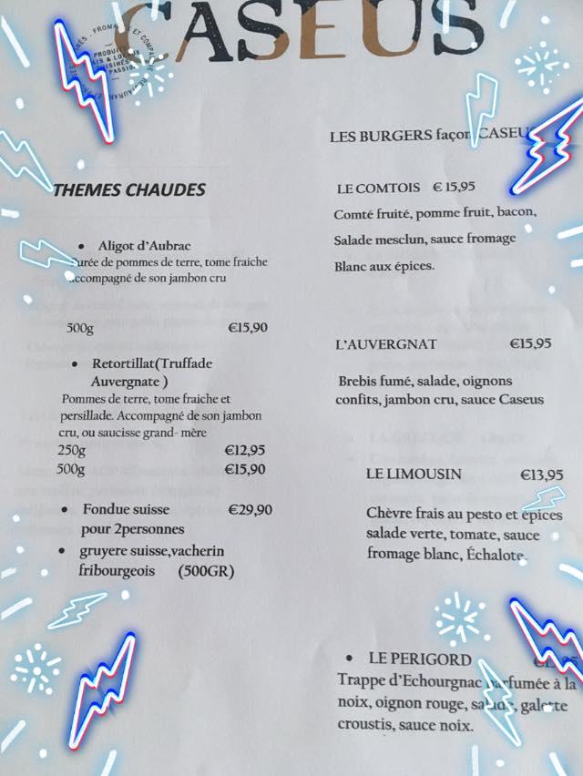Menu at Caseus restaurant, Limoges