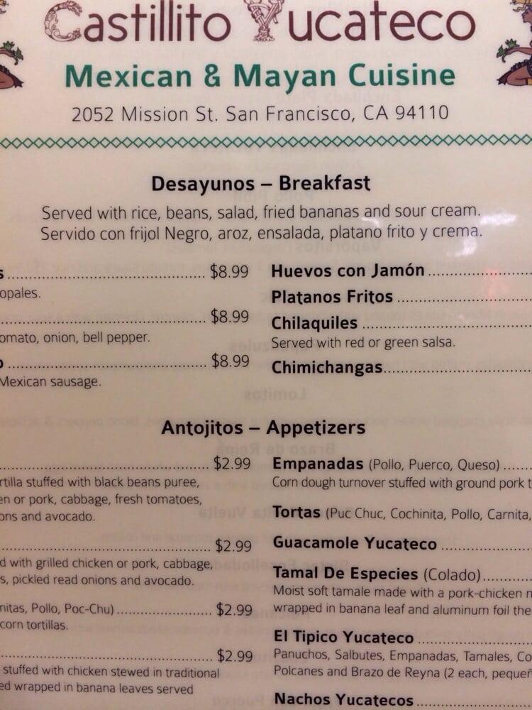 Menu at Castillito Yucateco restaurant, San Francisco