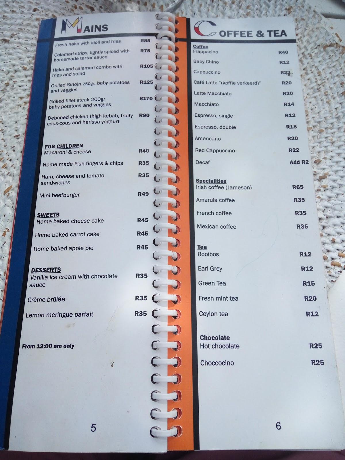 Menu at Dutchies Restaurant, Hermanus, Grotto Street