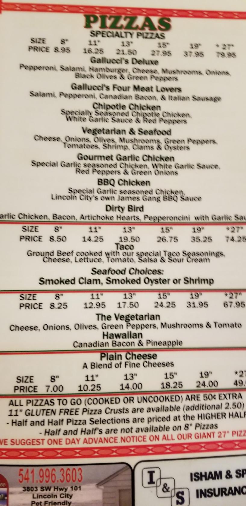 Menu at Gallucci's Pizzeria, Lincoln City, NW U.S. 101