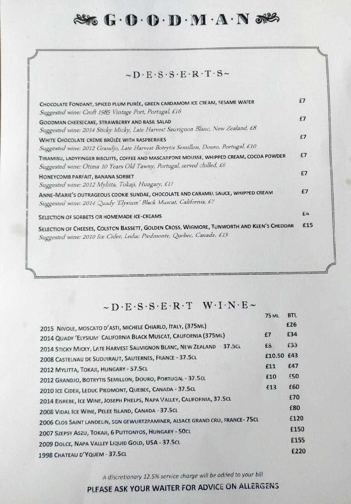 Carta de parrilla Goodman - Mayfair, Londres, 24-26 Maddox St