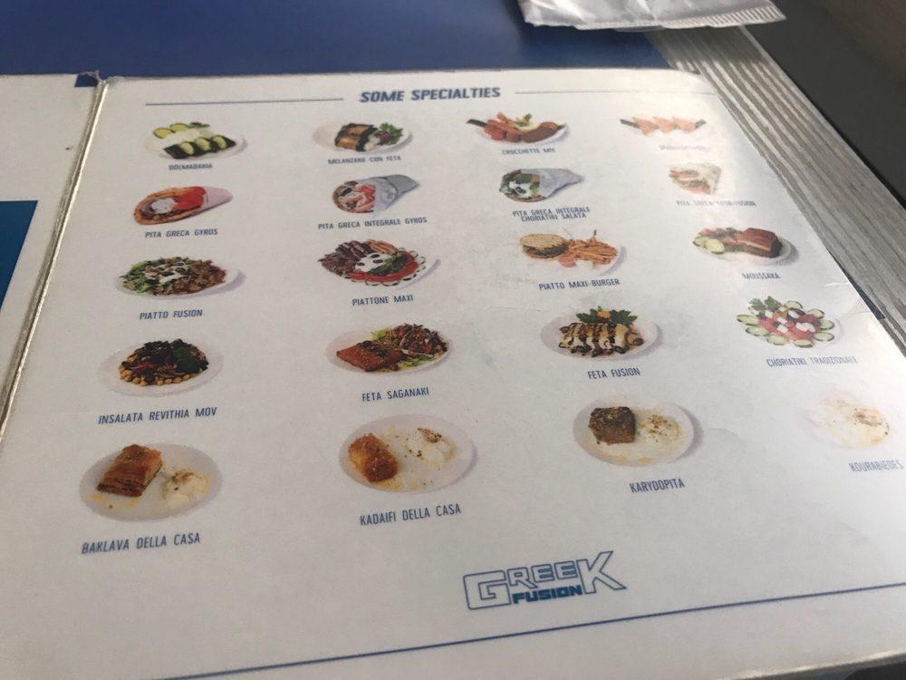 Menu at Greek Fusion restaurant, Milan, Ripa di Porta Ticinese