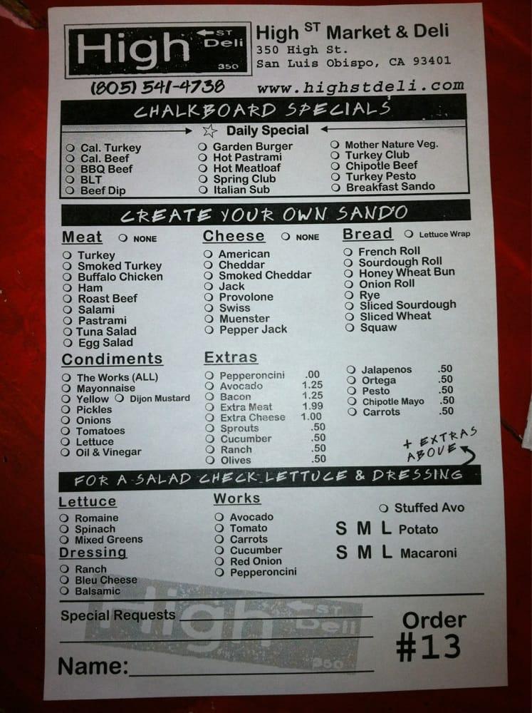 Menu at High Street Market & Deli restaurant, San Luis Obispo