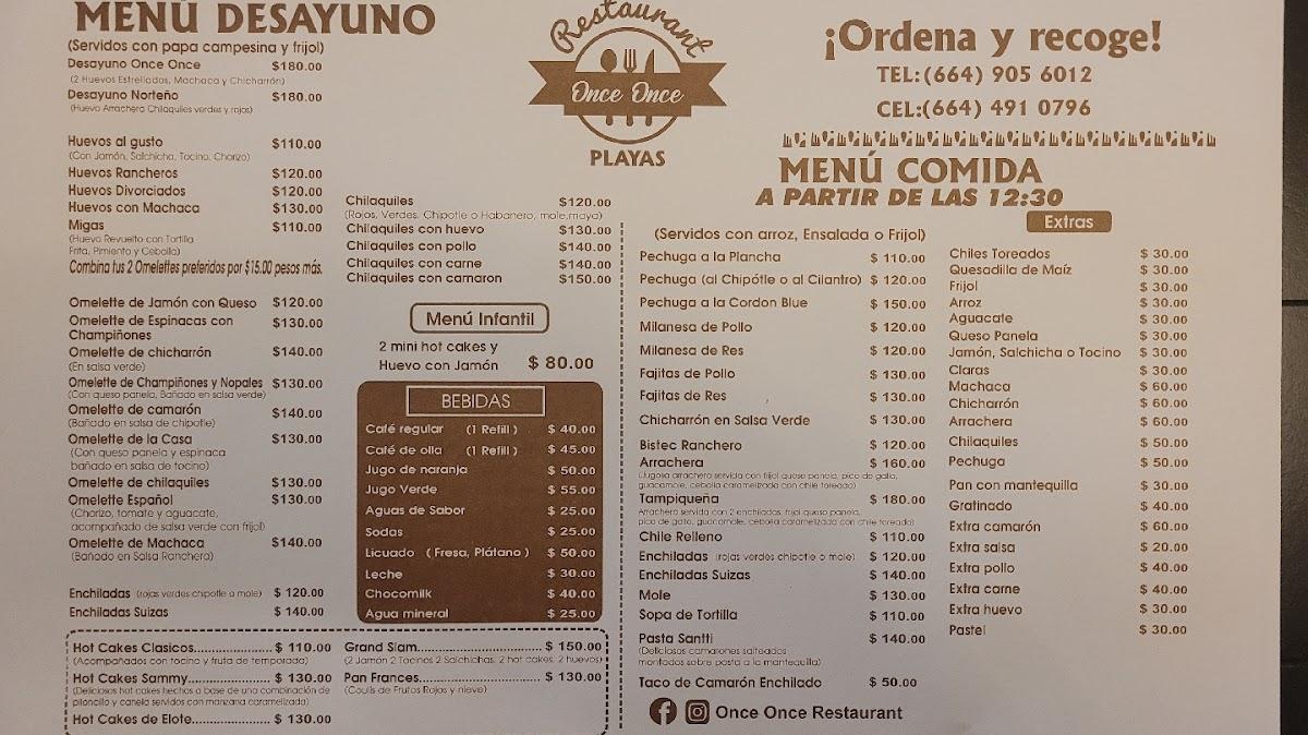 Carta de Once Once Restaurant, Tijuana, C. de la Nieve 257