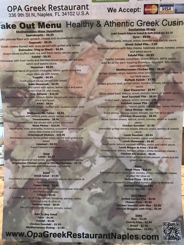 Menu at Opa Greek Restaurant, Naples, 336 9th St N