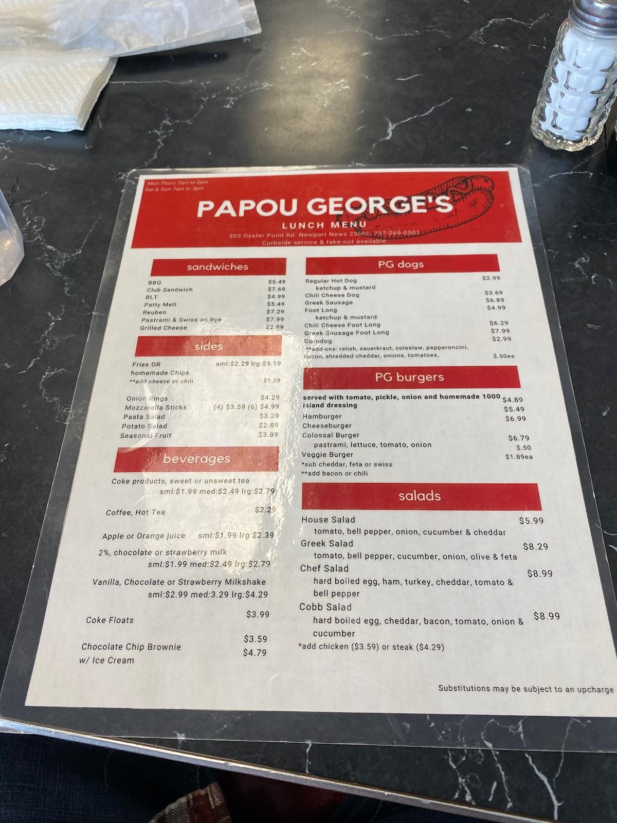 Menu at Papou George's Hot Dogs restaurant, Newport News