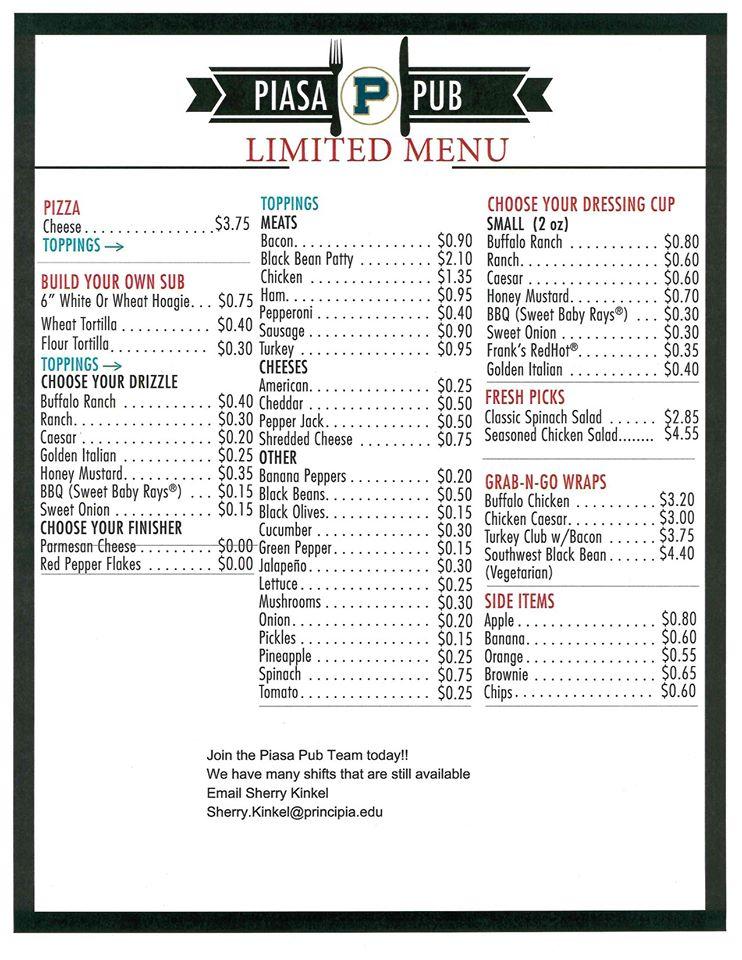 Menu at Piasa Pub, Elsah