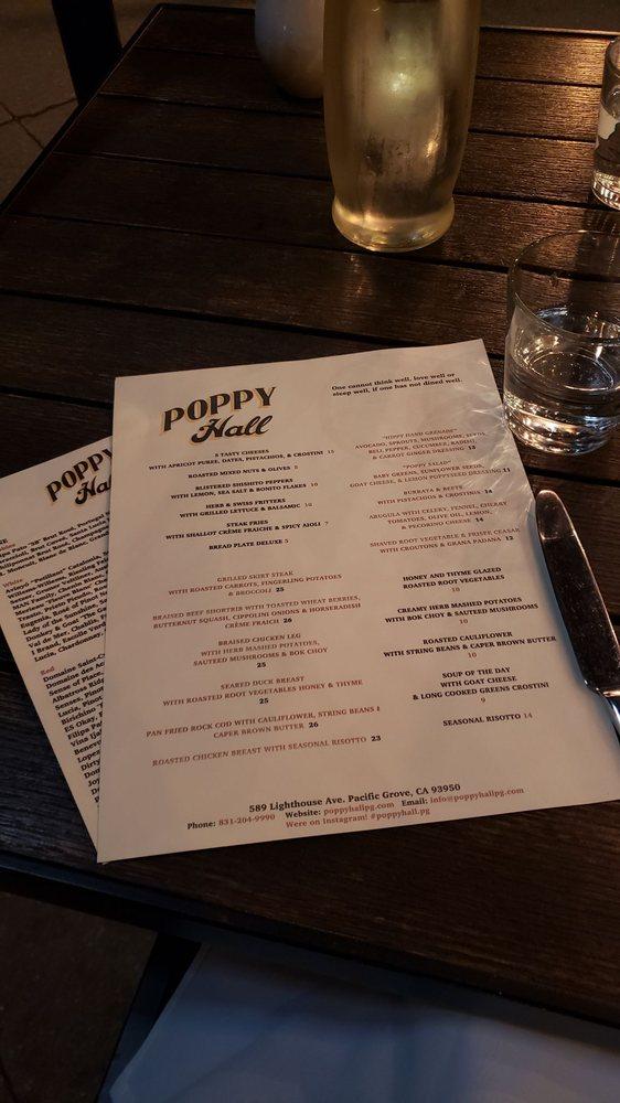 Menu at Poppy Hall restaurant, Pacific Grove