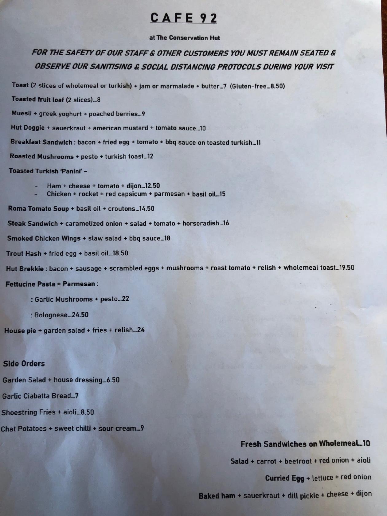 Menu at Conservation Hut Cafe (Under New Management), Wentworth Falls