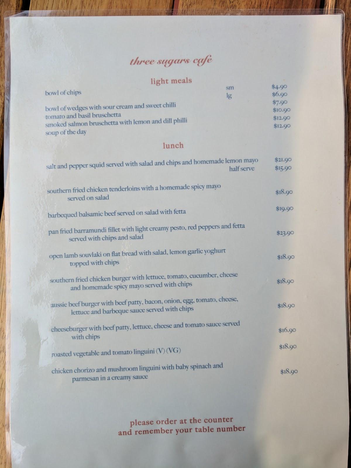 Menu at Three Sugars Cafe, Warburton
