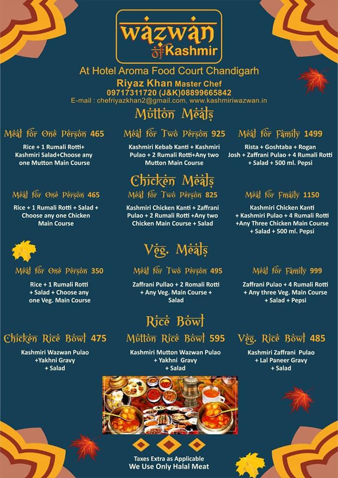 Menu at Wazwan Of Kashmir, Chandigarh