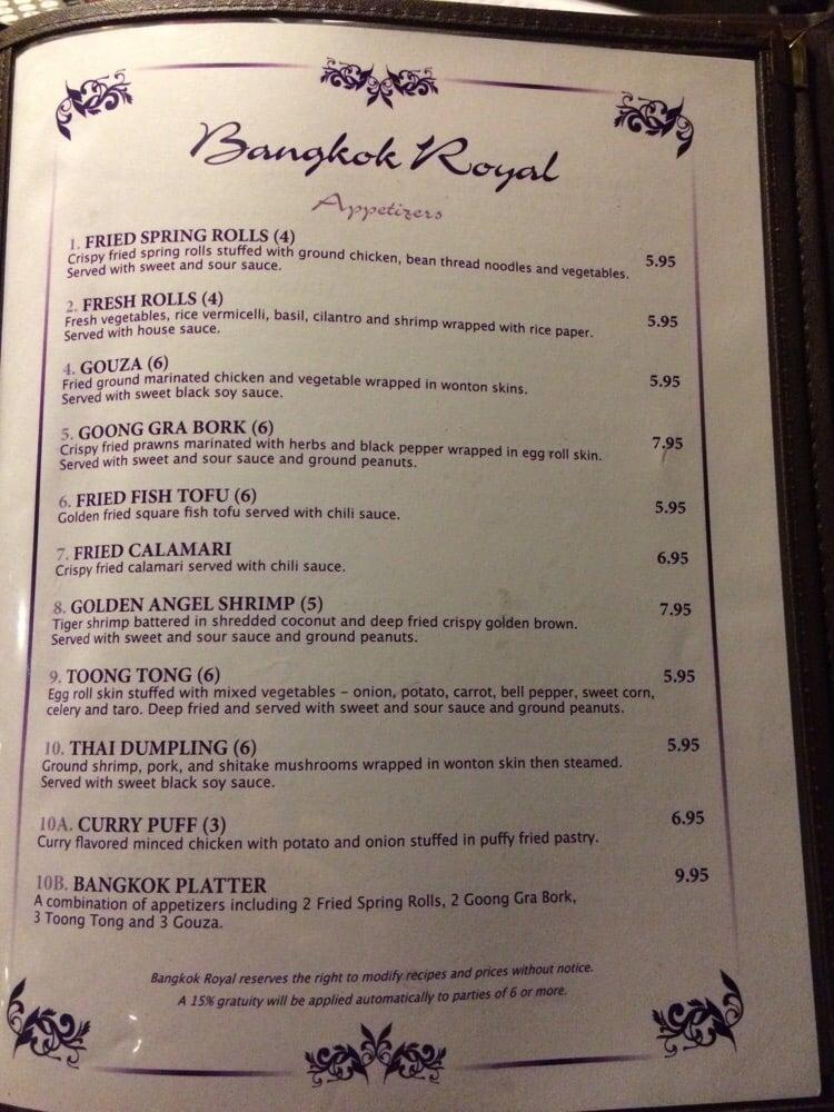 Menu at Bangkok Royal restaurant, Waco