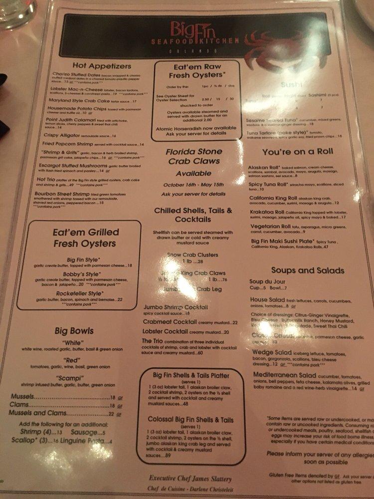 Menu at BigFin Seafood restaurant, Orlando