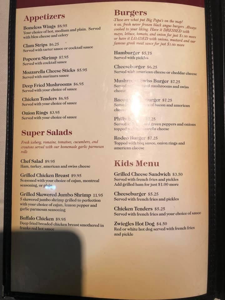 Menu at Big Papa's restaurant, Canisteo