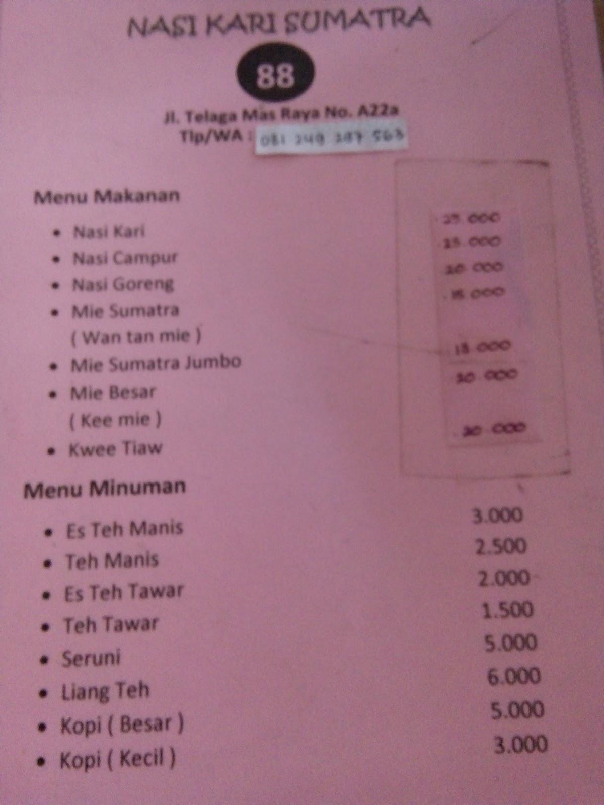 Menu at Nasi Kari Sumatra 88 restaurant, Semarang