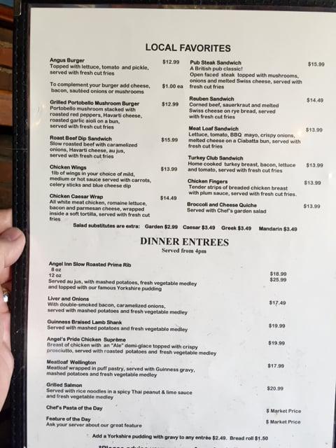 Menu at Olde Angel Inn pub & bar, Niagara-on-the-Lake
