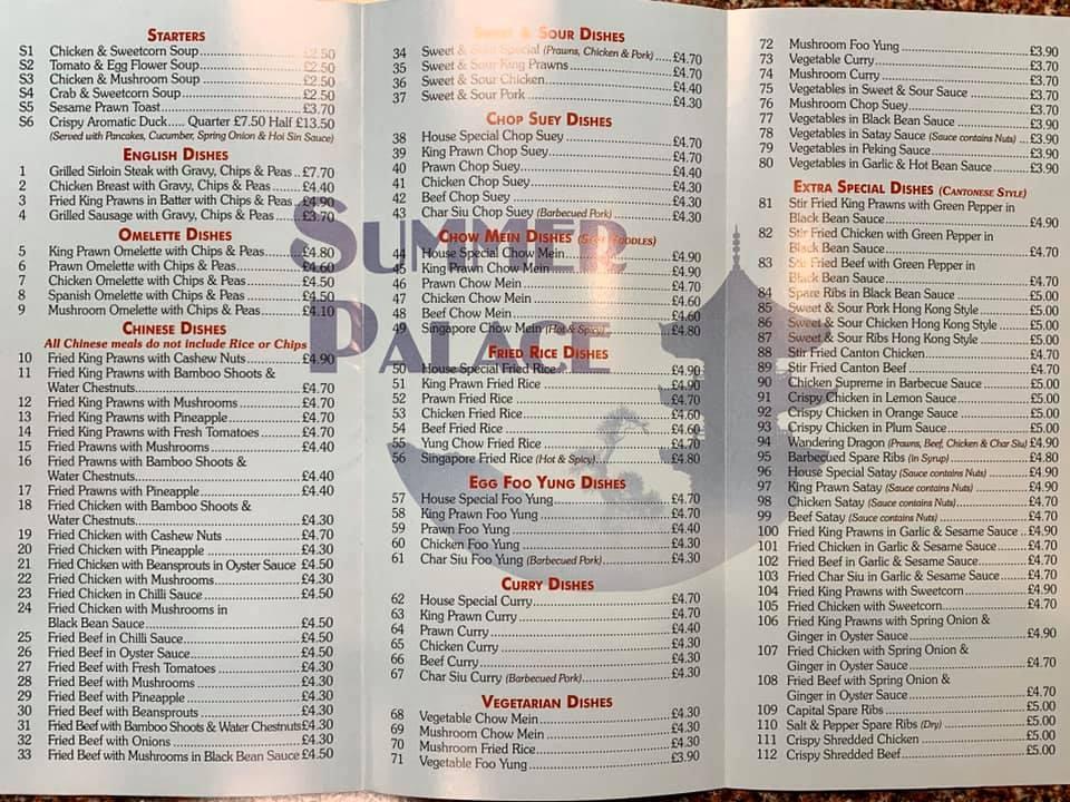 Menu at Summer Palace restaurant, Killamarsh, 203 Sheffield Rd