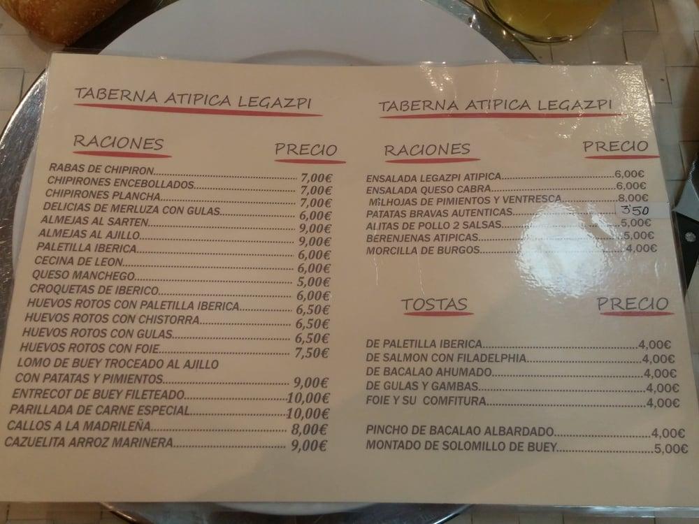 Menu at Taberna Atipica pub & bar, Madrid