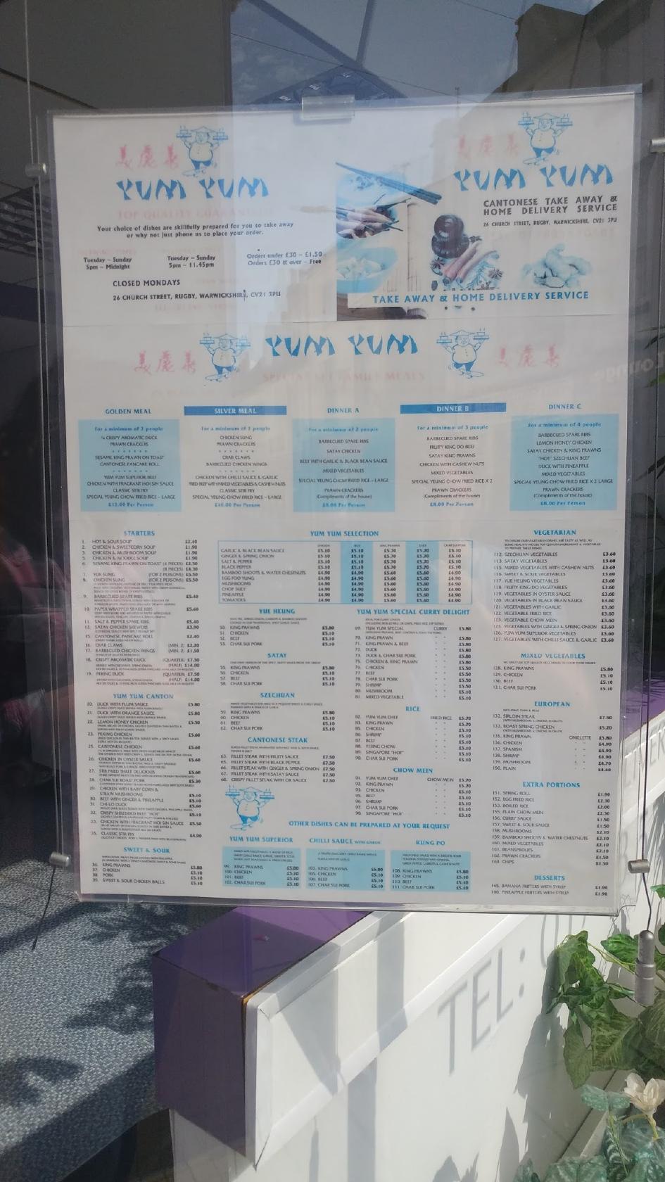 Menu at Yum Yum Takeaway fast food, Rugby